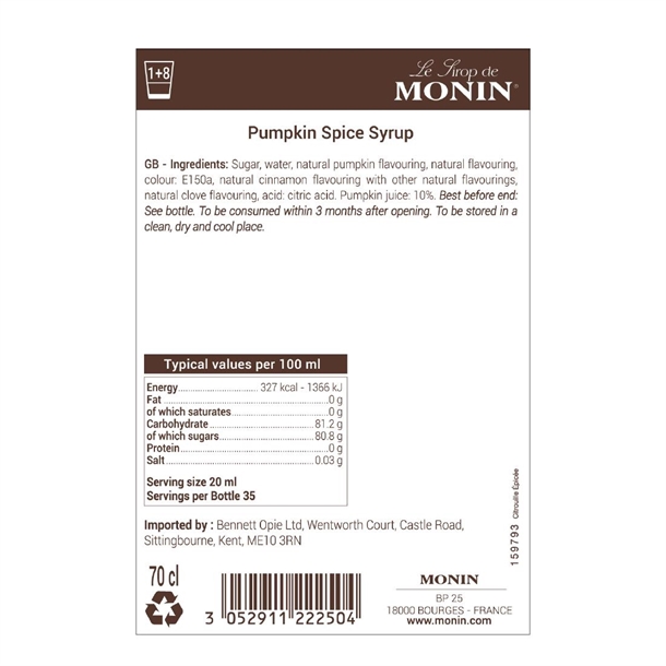 Monin Premium Pumpkin Spice Syrup 700ml - FU446 - Buy Online at Nisbets